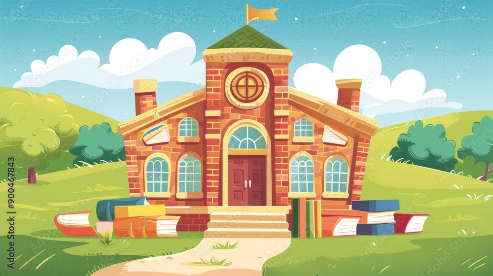 Cartoon illustration of a red brick school building with books on the ...