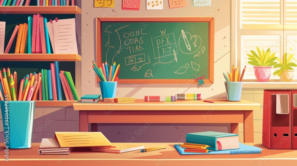 Cartoon illustration of a student's desk with books, pencils, and a ...