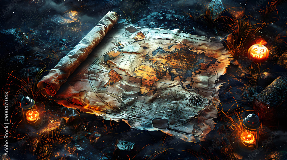 poster for a halloween treasure hunt include a large treasure map in ...