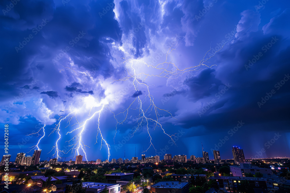Lightning strikes in sky over cityscape at dusk. Lightning thunderstorm ...