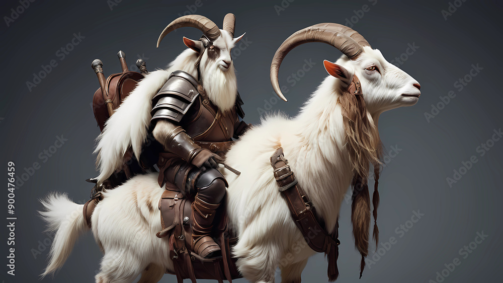A goat that serves as a mount for a dwarf warrior, with a saddle, large ...