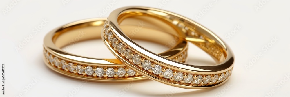 Two gold wedding rings with diamonds on them. The rings are placed next ...