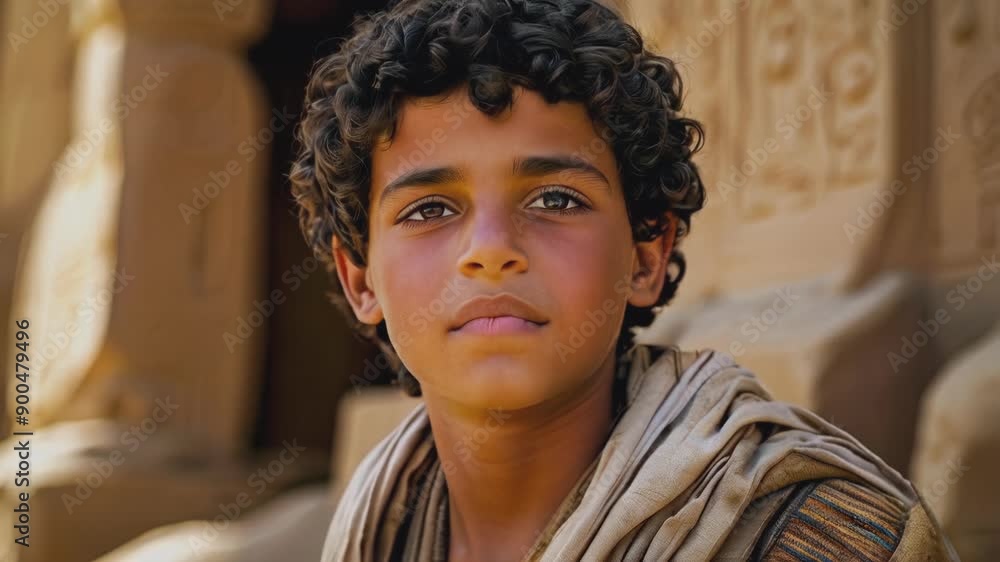 Egyptian boy in traditional attire, set against the backdrop of ancient ...