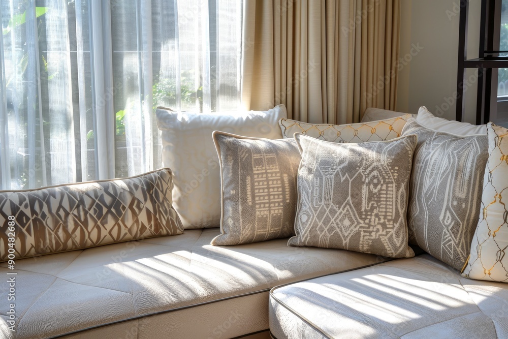 Corner sofa set with three pillows in modern style, Sunny day outside ...