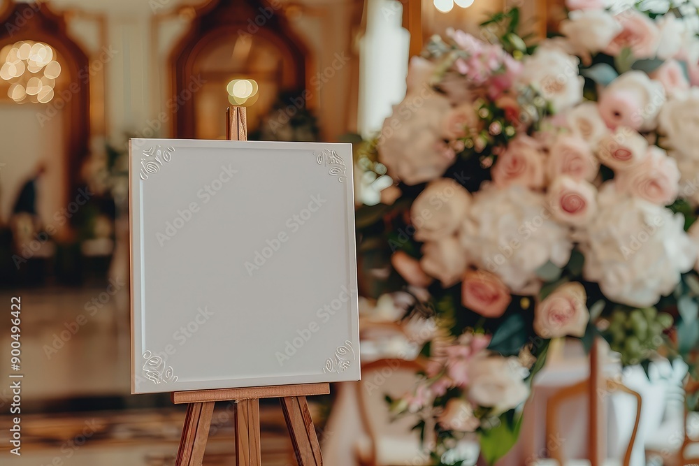 Elegant event setup with a blank easel and beautiful floral arrangement ...