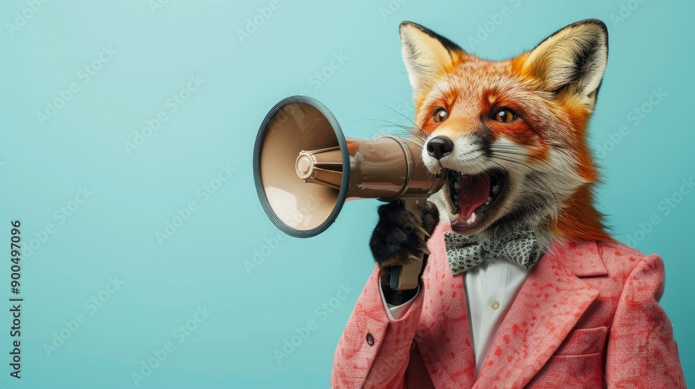 A Red Fox Dressed in a Suit Holding a Megaphone with Its Mouth Open ...