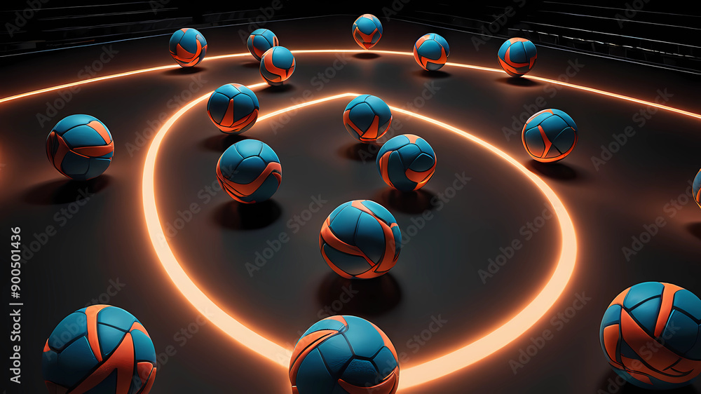 Design an image featuring 50 illuminated handballs forming dynamic 3d ...