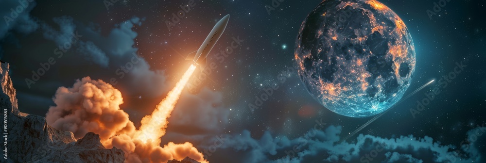 Ultra sharp photo illustrating a rocket launch towards the moon ...