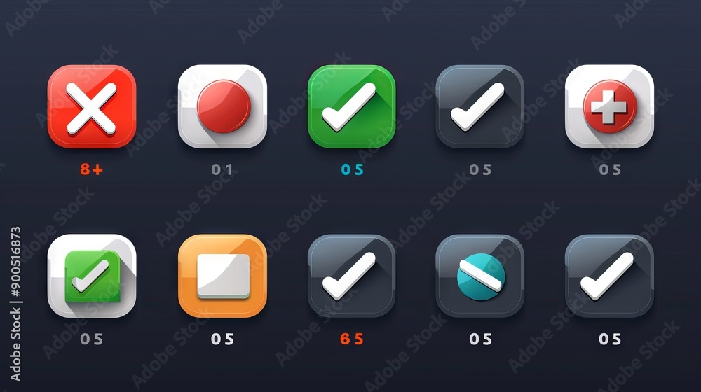 Check mark icon button set. Check box icon with right and wrong buttons and yes or no checkmark ...