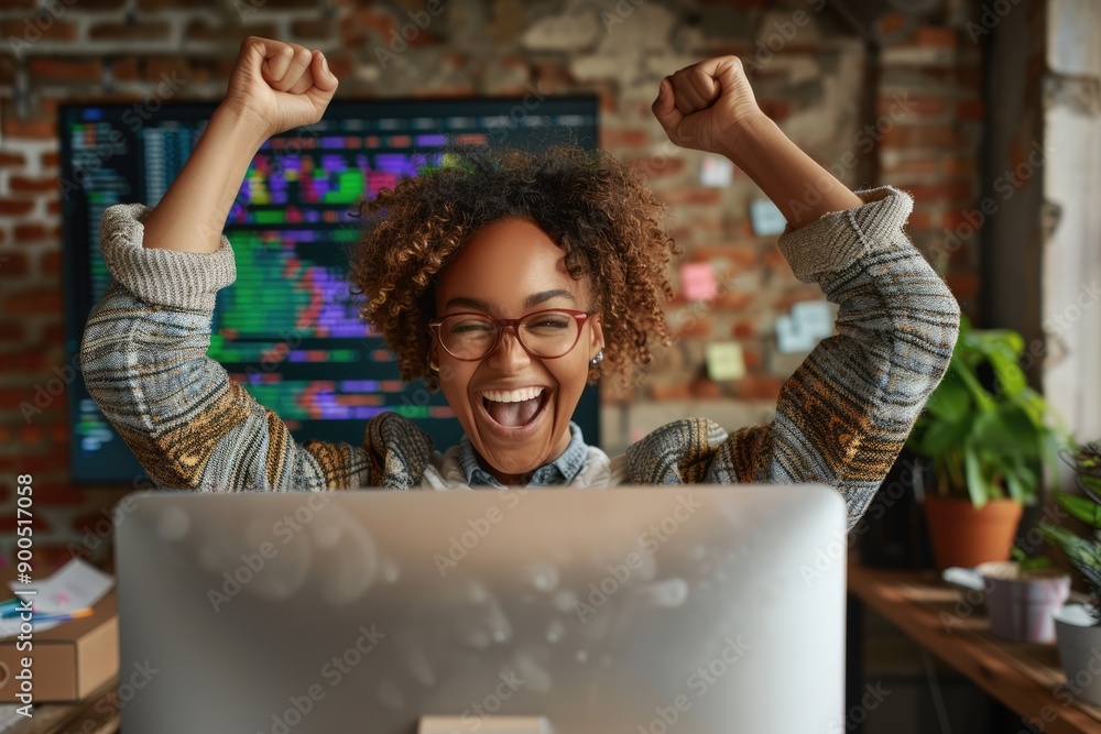 person celebrating, Happy female programmer celebrating success in front of computer screen ...