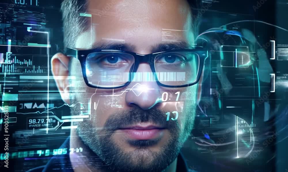 The Future is Now: A man with a determined gaze, his face overlaid with ...
