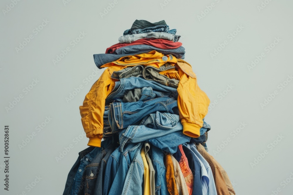 Pile of mixed clothes on a bed in a cluttered room, representing an ...