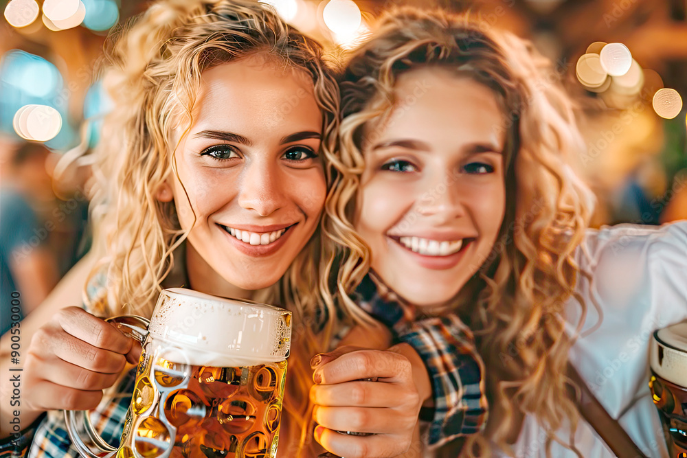 German girls in dirndl holding beer mugs at Oktoberfest, iconic ...