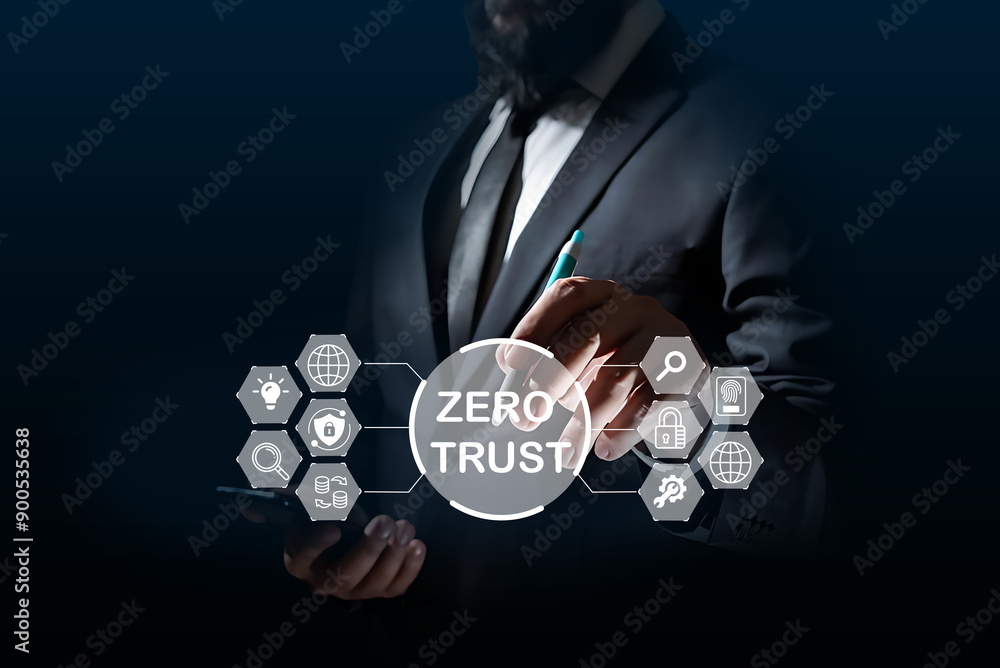 Zero trust security concept, Businessman touching virtual zero trust ...