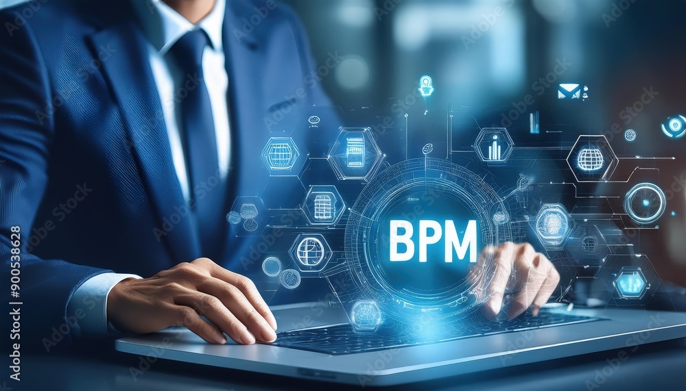 BPM, Business Process Management Concept. A businessman works on a ...