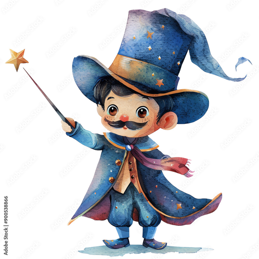 Charming watercolor illustration of a cute young wizard in a magical ...