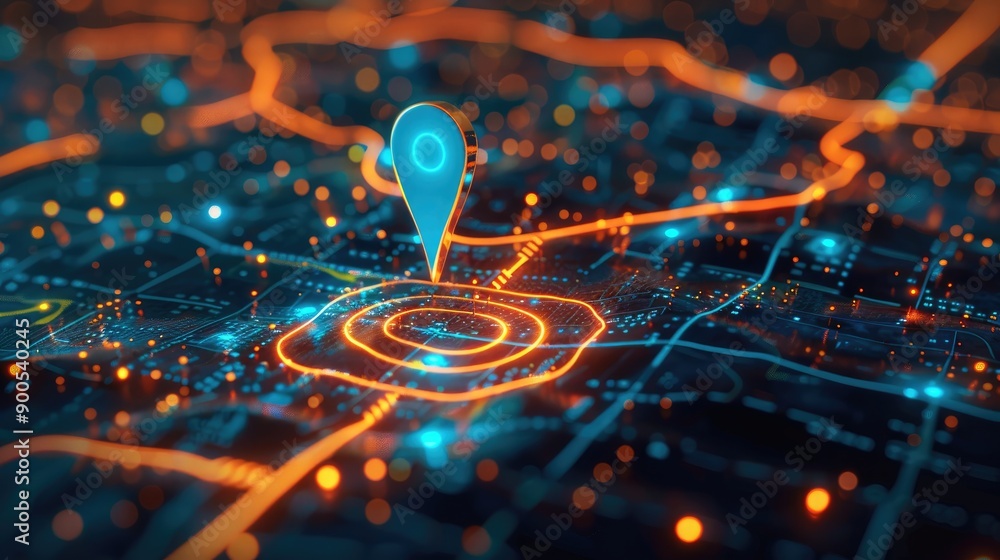 Vibrant digital map showing illuminated routes and a location pin ...