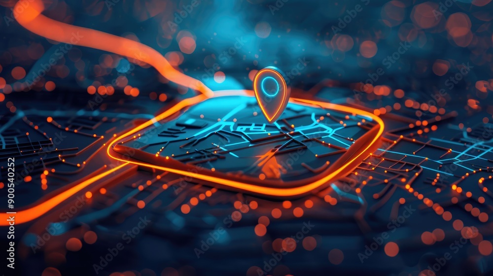 Vibrant digital map showing illuminated routes and a location pin ...