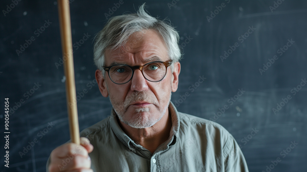 An angry elderly professor with grey hair and glasses, wielding a ...