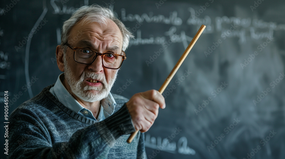 An angry elderly professor with grey hair and glasses, wielding a ...