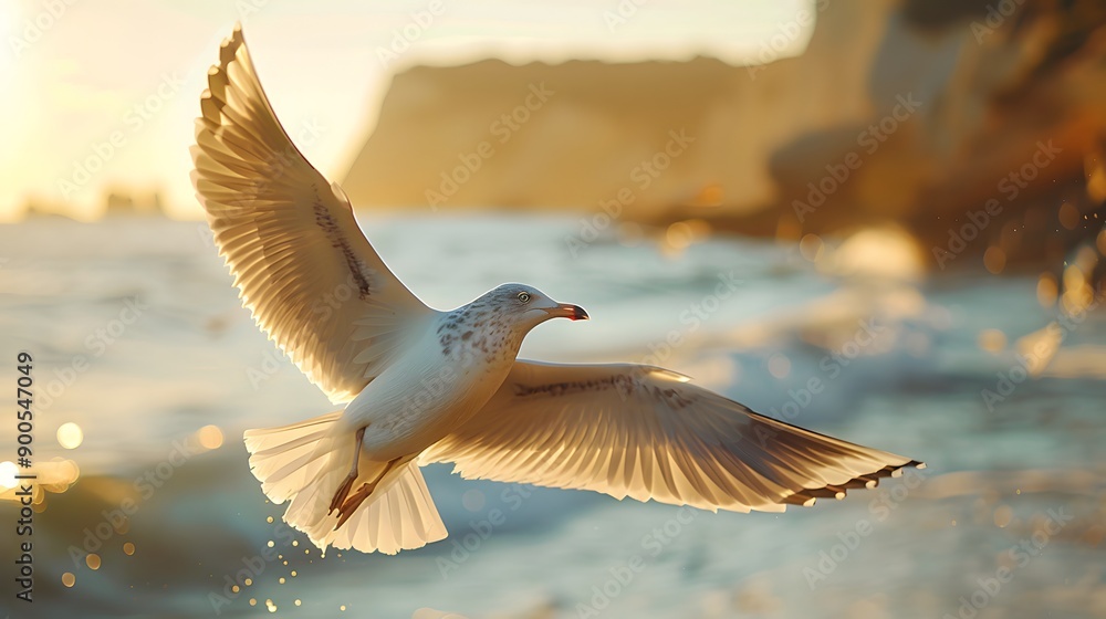 Seagull in flight, wings spread, coastal scene, sandy beach, ocean ...