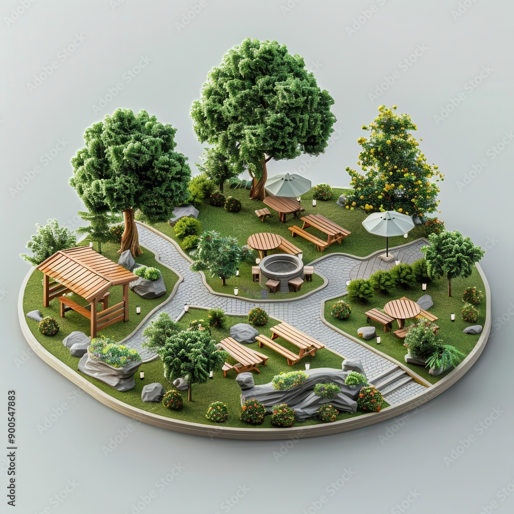 Park with picnic areas and barbecue pits, 3D isometric render, social ...