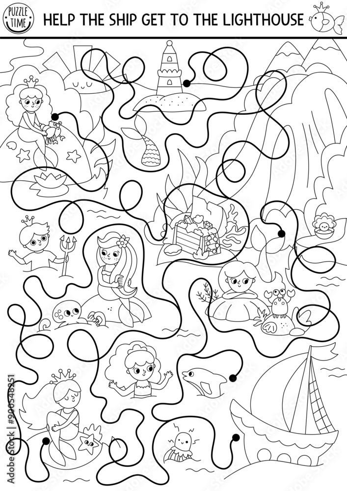 Mermaid black and white maze for kids with lagoon landscape, princess ...