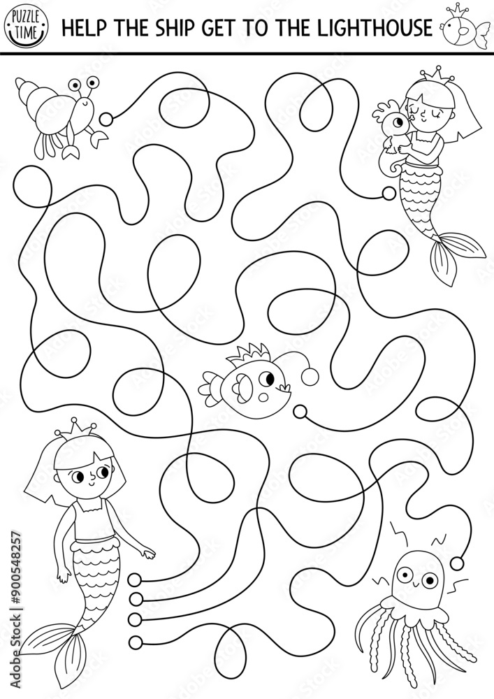 Mermaid black and white maze for kids with seahorse, crab, fish ...