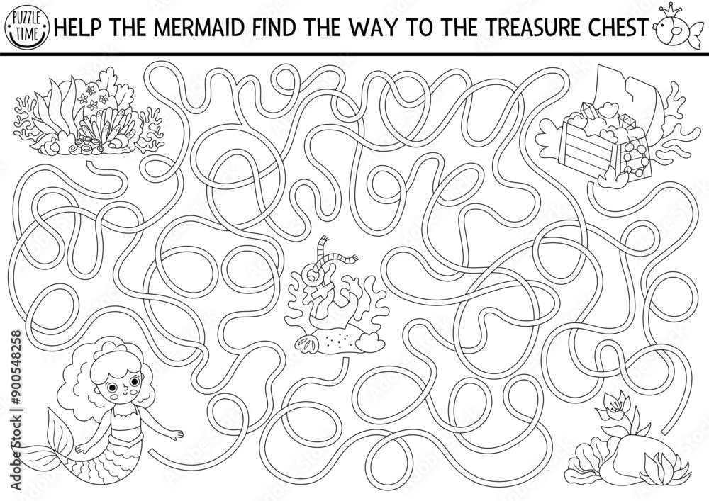 Mermaid black and white maze for kids with treasure chest, anchor ...