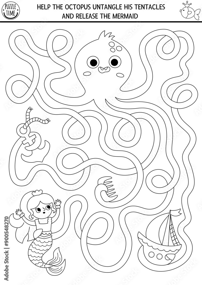 Mermaid black and white maze for kids shaped as octopus tentacles with ...