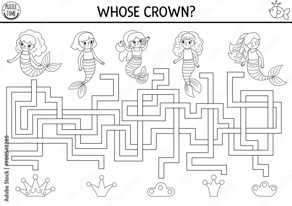 Mermaid black and white maze for kids with crowns. Marine preschool ...