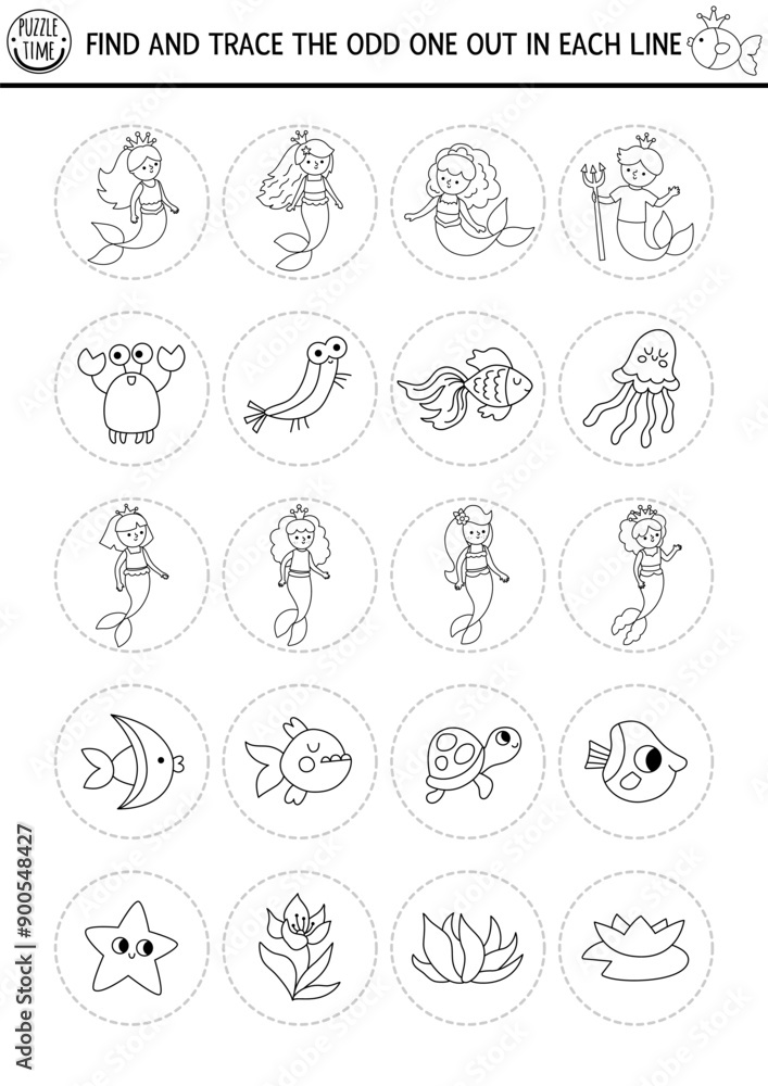 Find the odd one out. Mermaid black and white logical activity ...