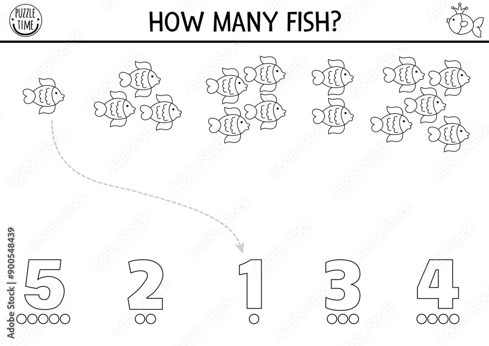 Simple match the numbers mermaid game with colored fish. Black and ...