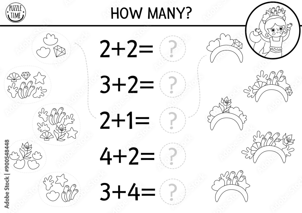 Match the numbers black and white mermaid game with headband, seaweeds ...