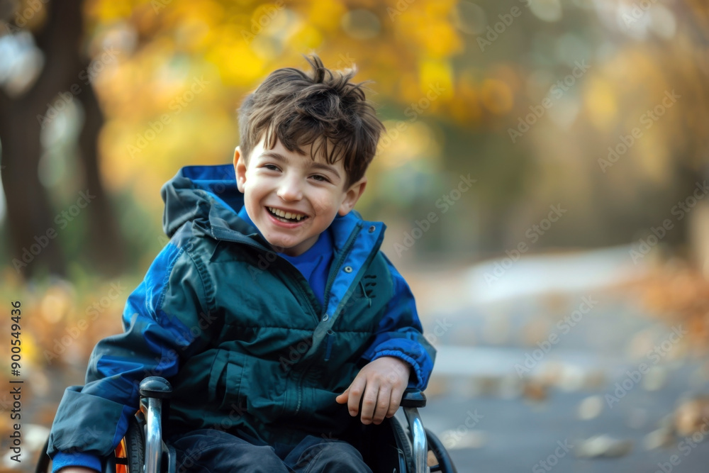 Smiling disabled child with spina bifida in the park. Boy in wheelchair ...