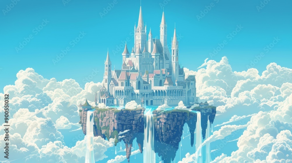 Majestic white castle floating in the sky, with waterfalls cascading ...