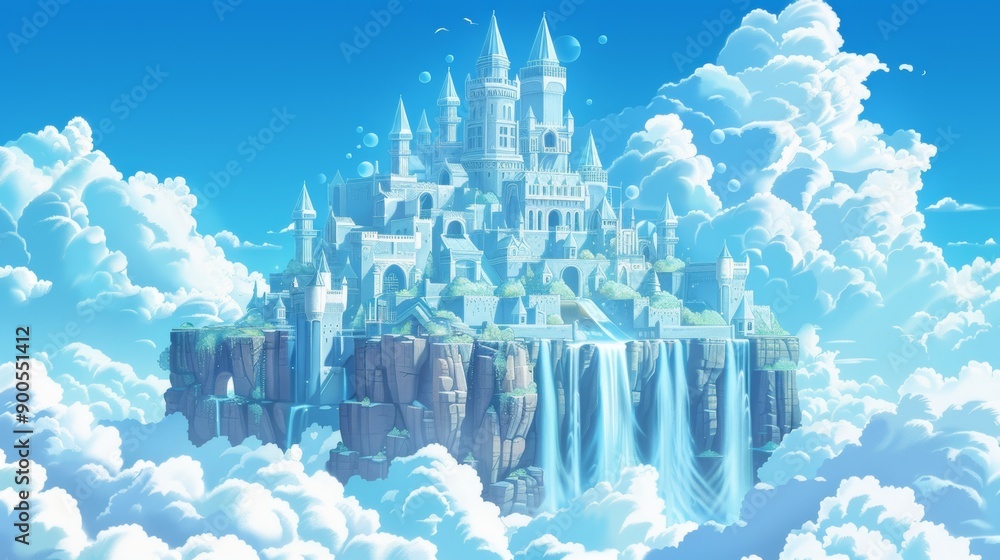 Majestic white castle floating in the sky, with waterfalls cascading ...