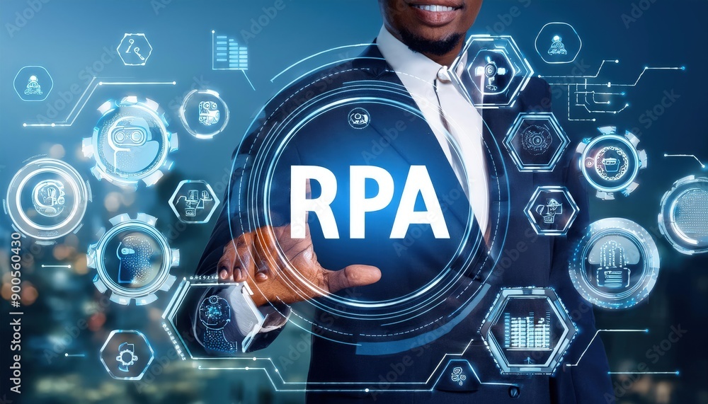 RPA concept. Businessman interacts with a virtual interface displaying ...