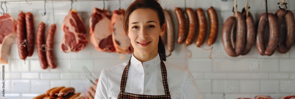 Saleswoman in butchery stands in a shop for meat and sausage Stock ...