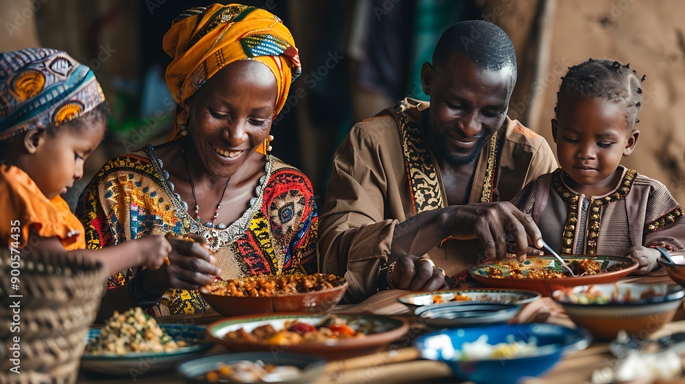 Family of Chad. Chadian.A joyful family enjoys a traditional meal ...