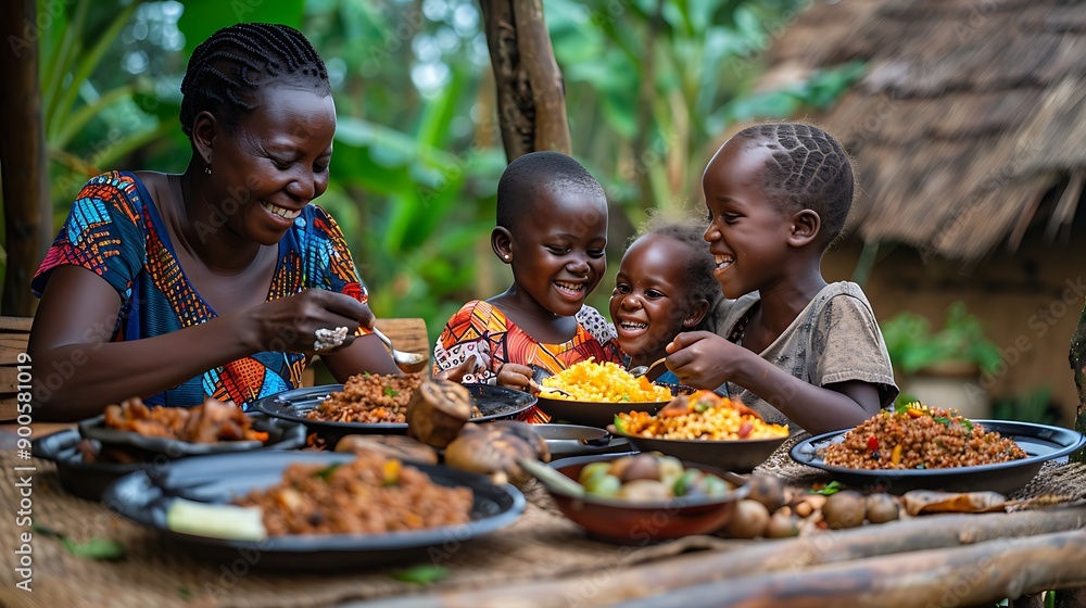 Family of Uganda. Ugandan.A joyful family enjoys a traditional meal together outdoors ...