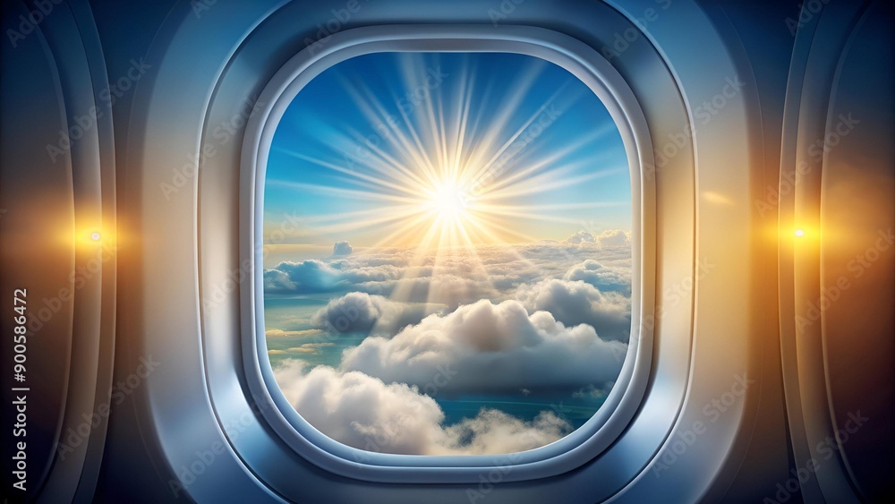 ภาพประกอบสต็อก Plane windows with blue sky view. Vector realistic ...
