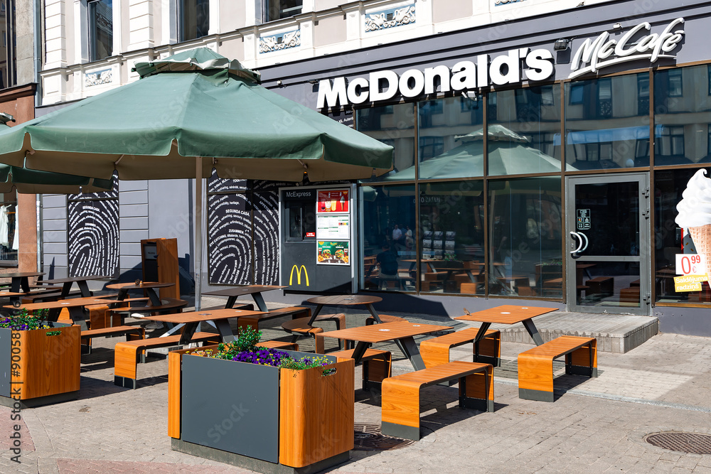 LATVIA, RIGA, 12, JULY, 2024: Open veranda of a McDonalds cafe in Riga ...