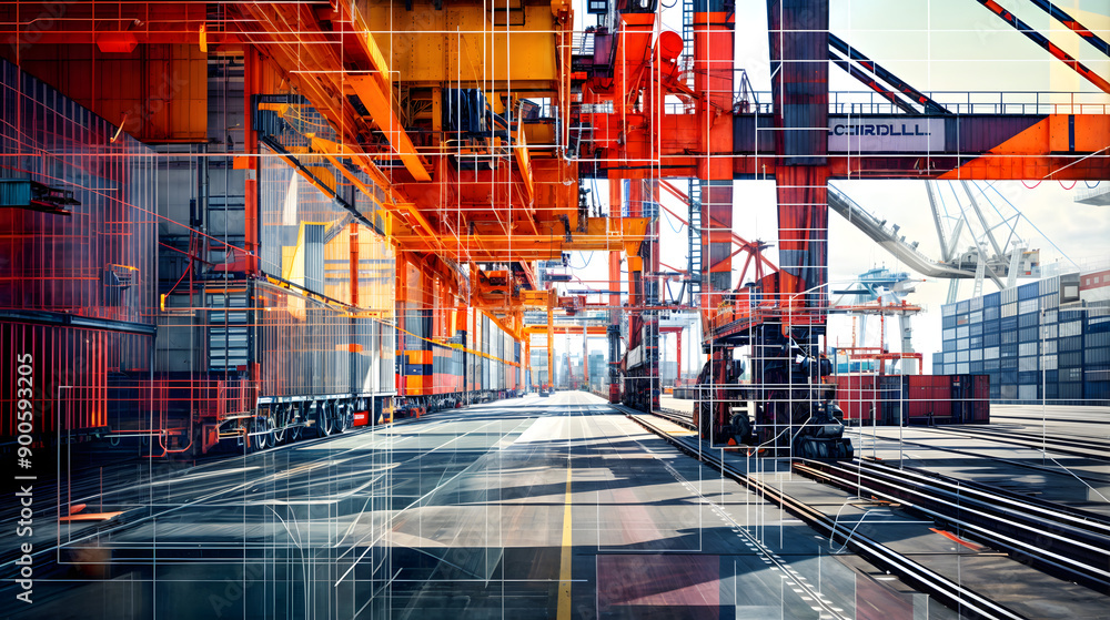 Container cranes and shipping containers at a modern smart port. Data ...