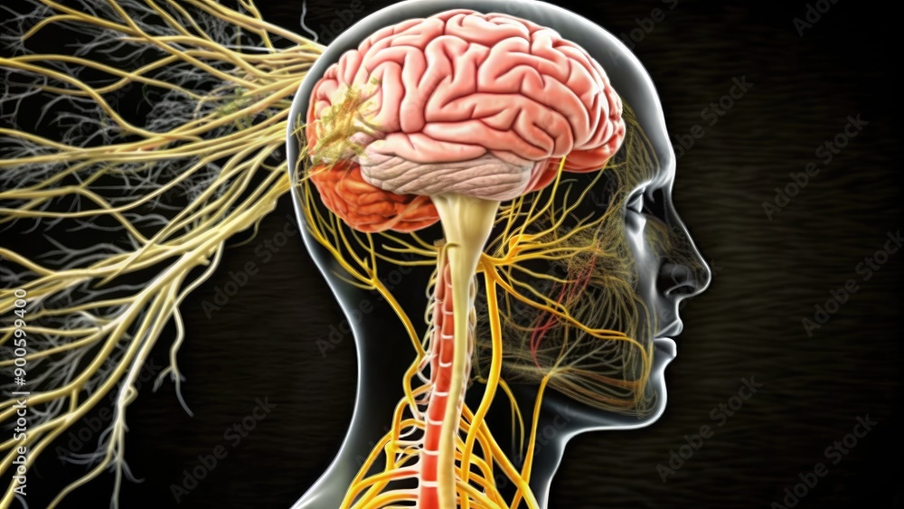 Medically detailed of a brain with activated vagus nerve , nerve ...