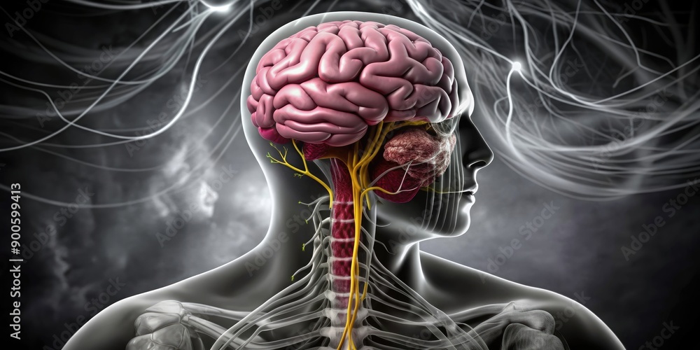Medically detailed of a brain with activated vagus nerve , nerve ...