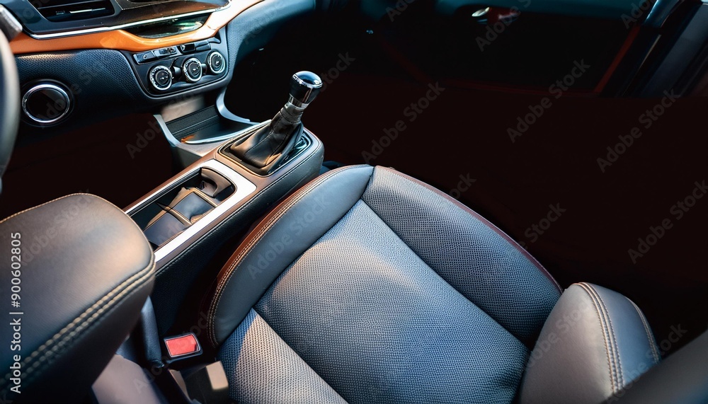 High angle view of luxury sport car front passenger seat and detail ...