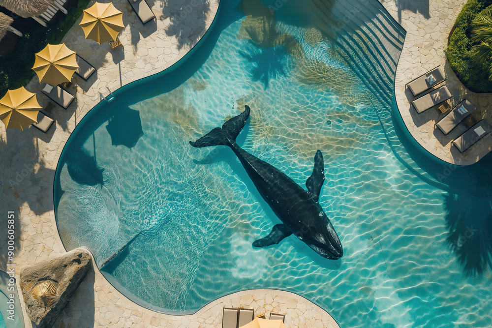 animal by ai // whale swimming in the pool of a luxury resort hotel ...