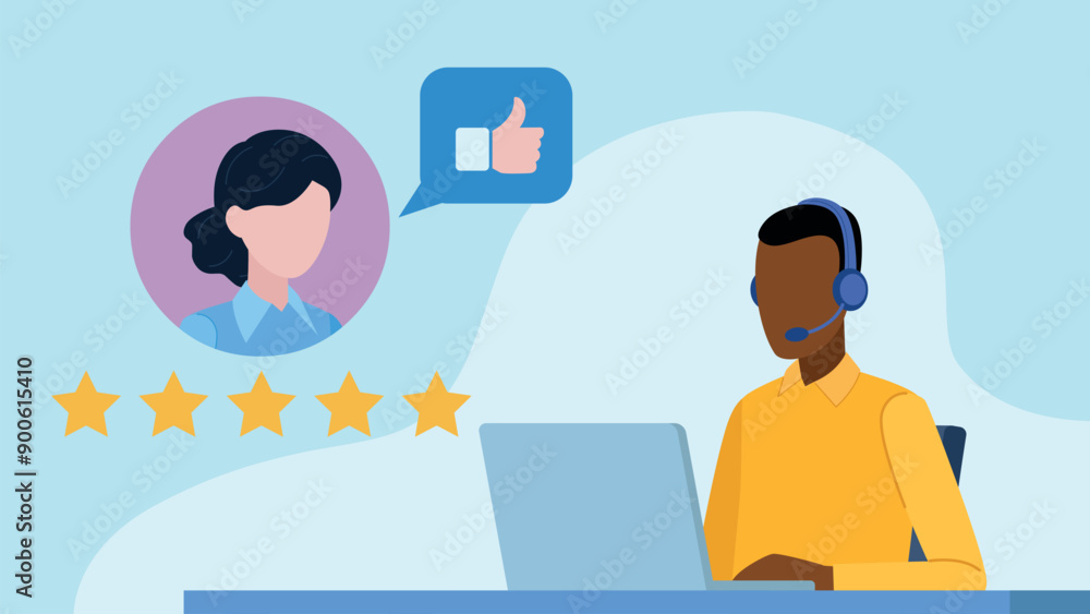 A tech support worker sits at a desk, working on a laptop. He is being ...