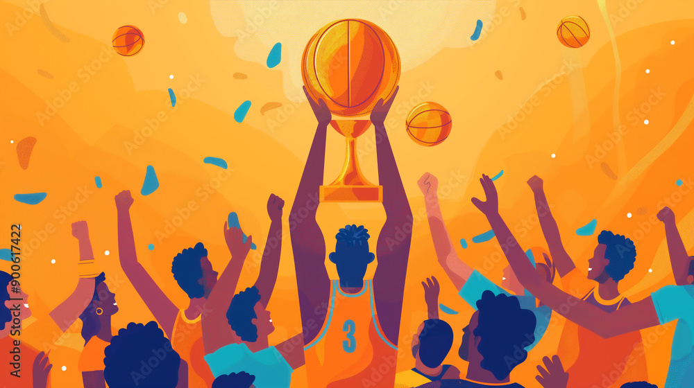 Animated celebration of basketball victory, with a player holding up a ...